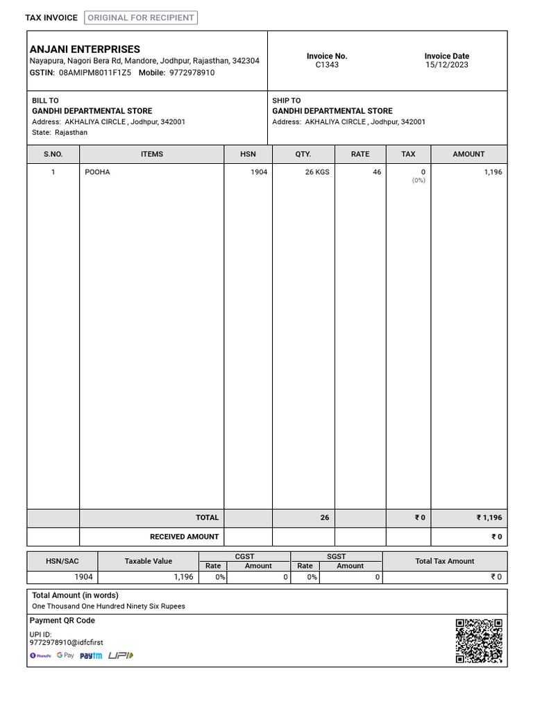 Gandhi Departmental Store Sales Invoice c1343 | PDF