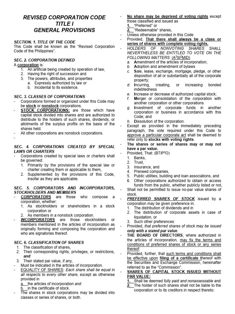 Revised Corporation Code | PDF | Board Of Directors | Stocks