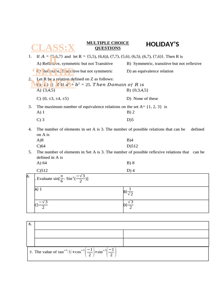 Holiday's Homework For Class - Xii Maths | PDF | Function (Mathematics) | Algebra