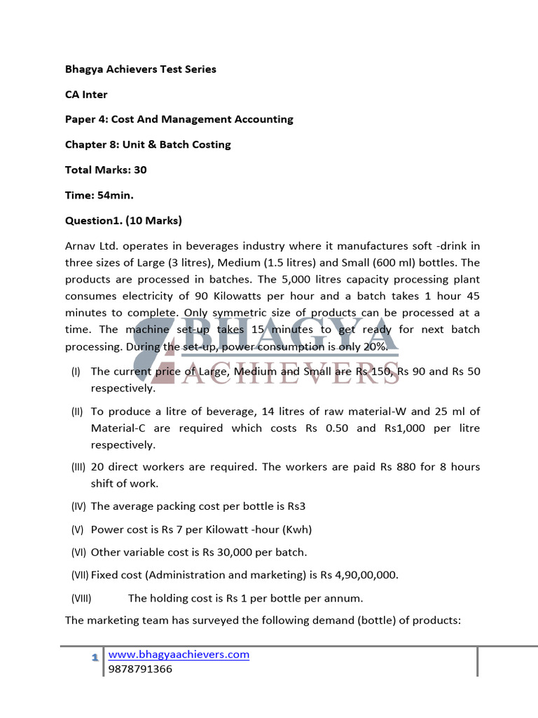 1716183929Ch - 8 Unit and Batch Costing CTS CA Inter Answer | PDF | Prices | Business Economics