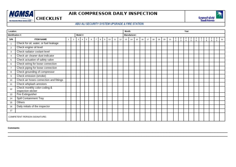 Daily Air Compressor Inspection Checklist | PDF