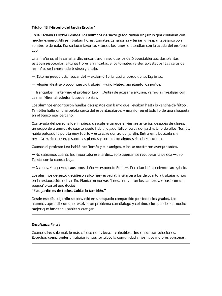 Lectura El Misterio Del Jardín Escolar | PDF