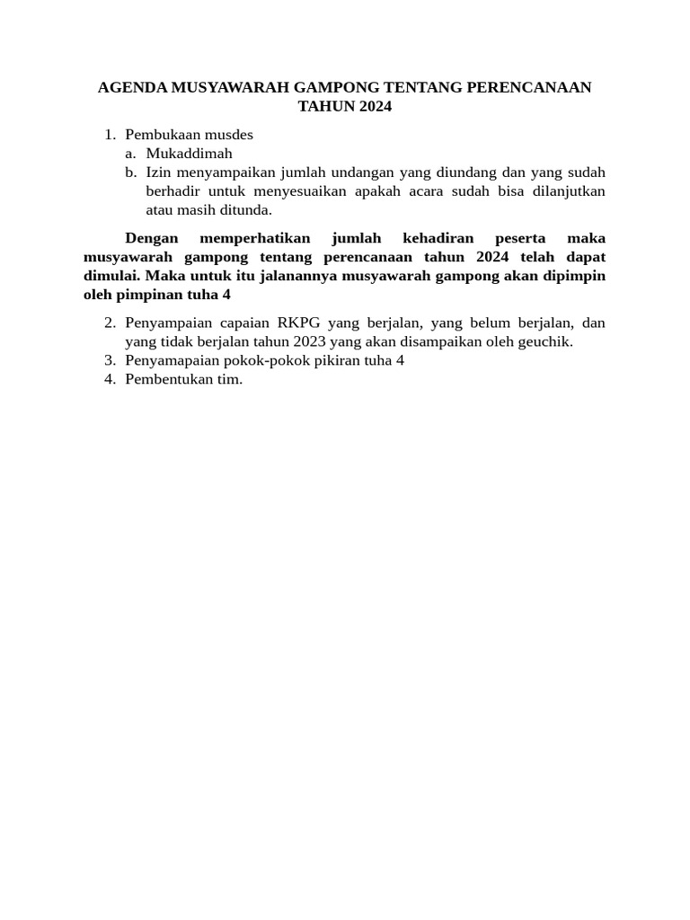 Agenda Musyawarah Gampong Tentang Perencanaan Tahun 2024 | PDF
