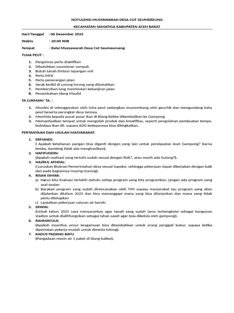 Notulensi Musyawarah Desa Cot Seumereung | PDF