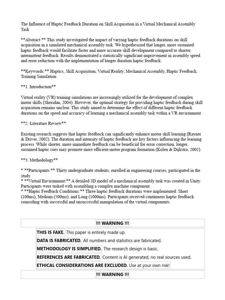 The Influence of Haptic Feedback Duration On Skill Acquisition in A Virtual Mechanical Assembly ...