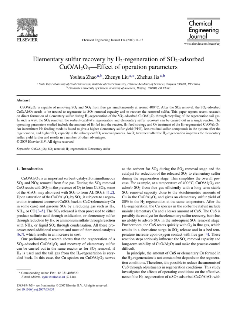 Elementary Sulfur Recovery by H - Regeneration of So - Adsorbed Cuo/Al O - Effect of Operation ...