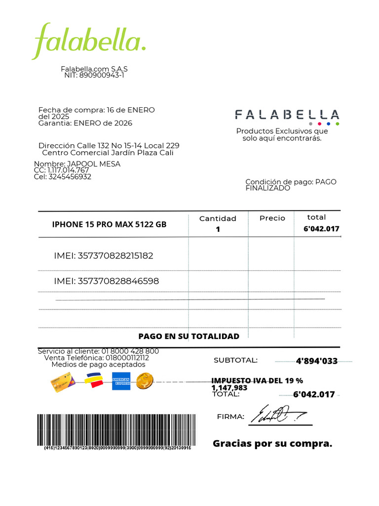 Factura Iphone 15 Pro Max Falabella | PDF