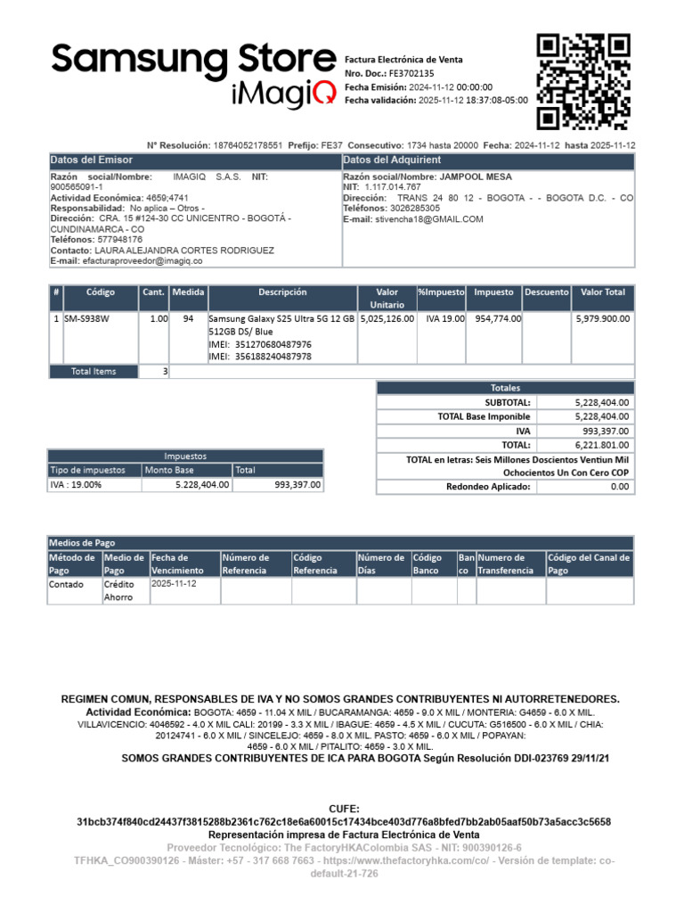 Factura Electrónica Samsung S25 Ultra | PDF | Samsung | Servicios ...