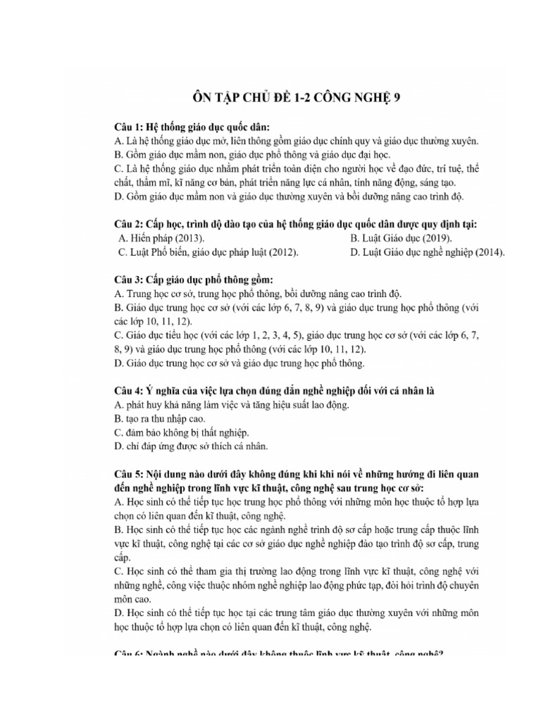 Đề Cương CN Giữa HK1 Lớp 9 (Trắc Nghiệm) | PDF