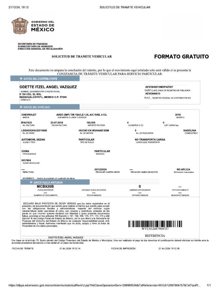 Solicitud de Tramite AVEO 2018 | PDF