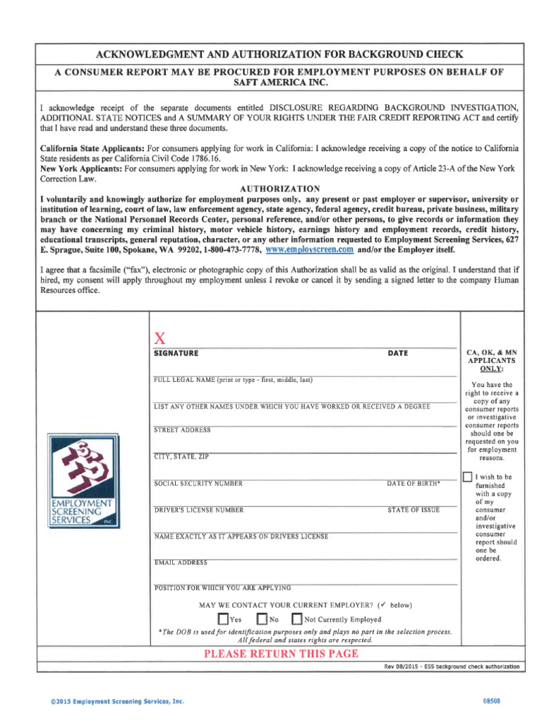 ESS - Authorization For Background Check - Blank Form | PDF