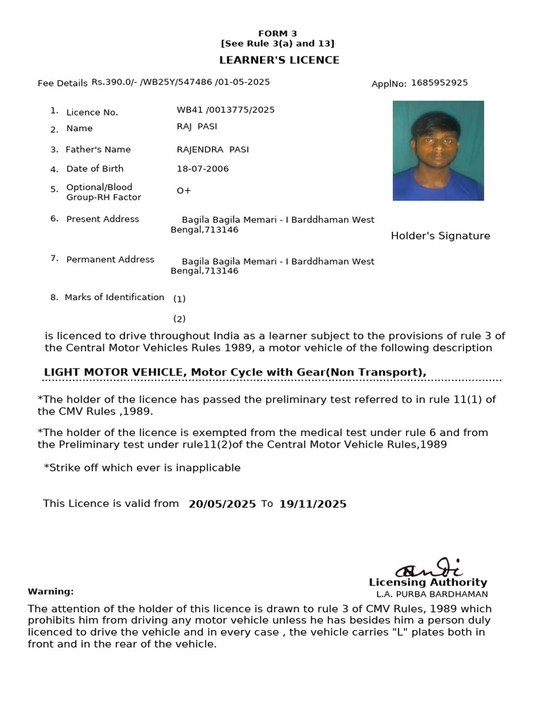 Learner's Licence for Two-Wheeler | PDF
