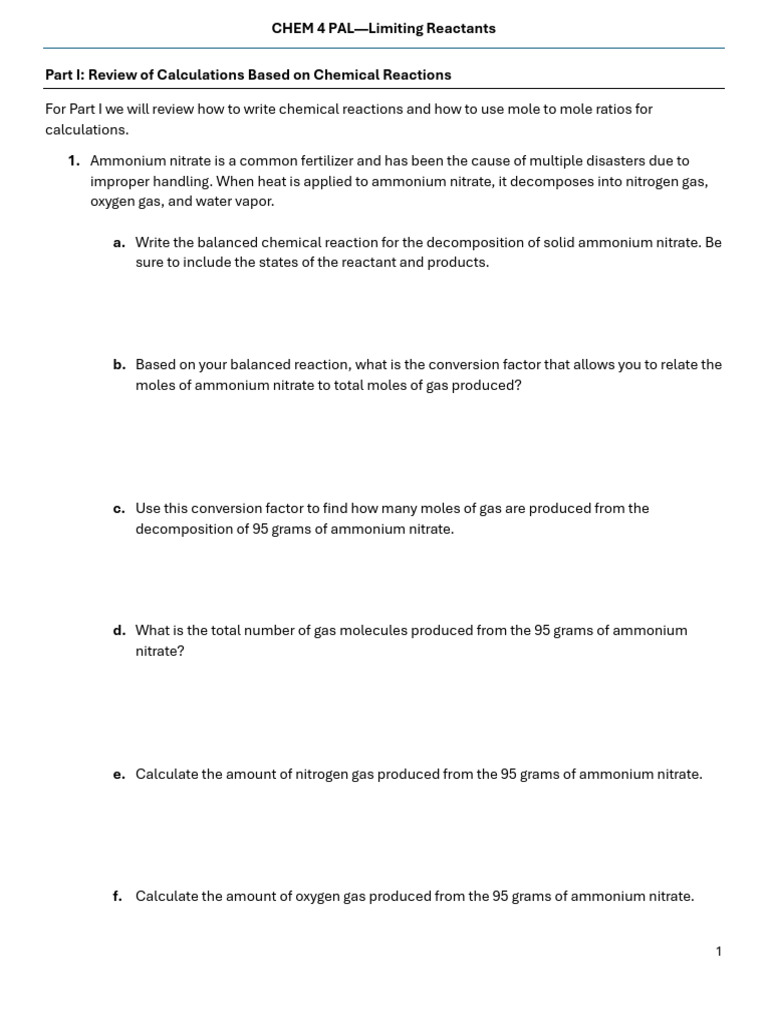 Pal Worksheet 19 Limiting Reactants | PDF | Chemical Reactions | Nitrate