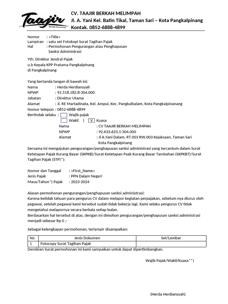 Surat Permohonan Penghapusan Pajak Pdf