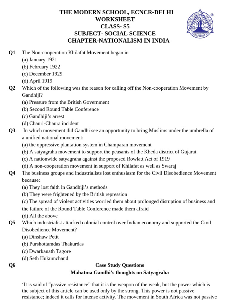Nationalism in India Worksheet | PDF | Mahatma Gandhi | Nonviolence