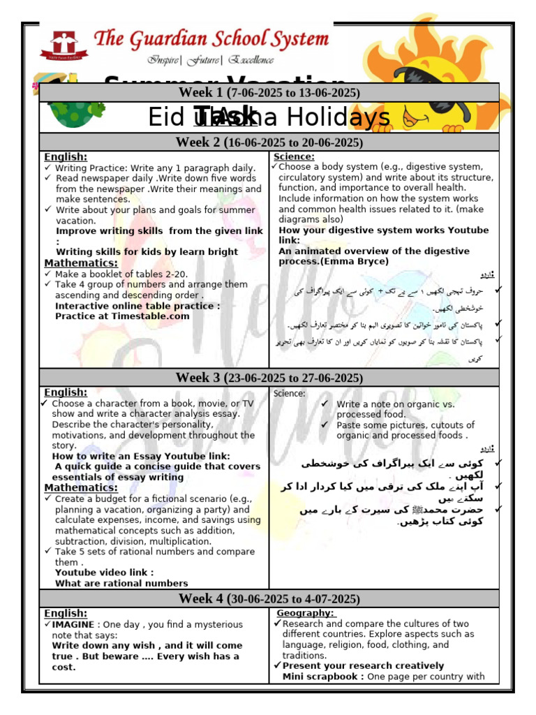 Grade 7 Summer Vacation Tasks 2025 | PDF | Mathematics