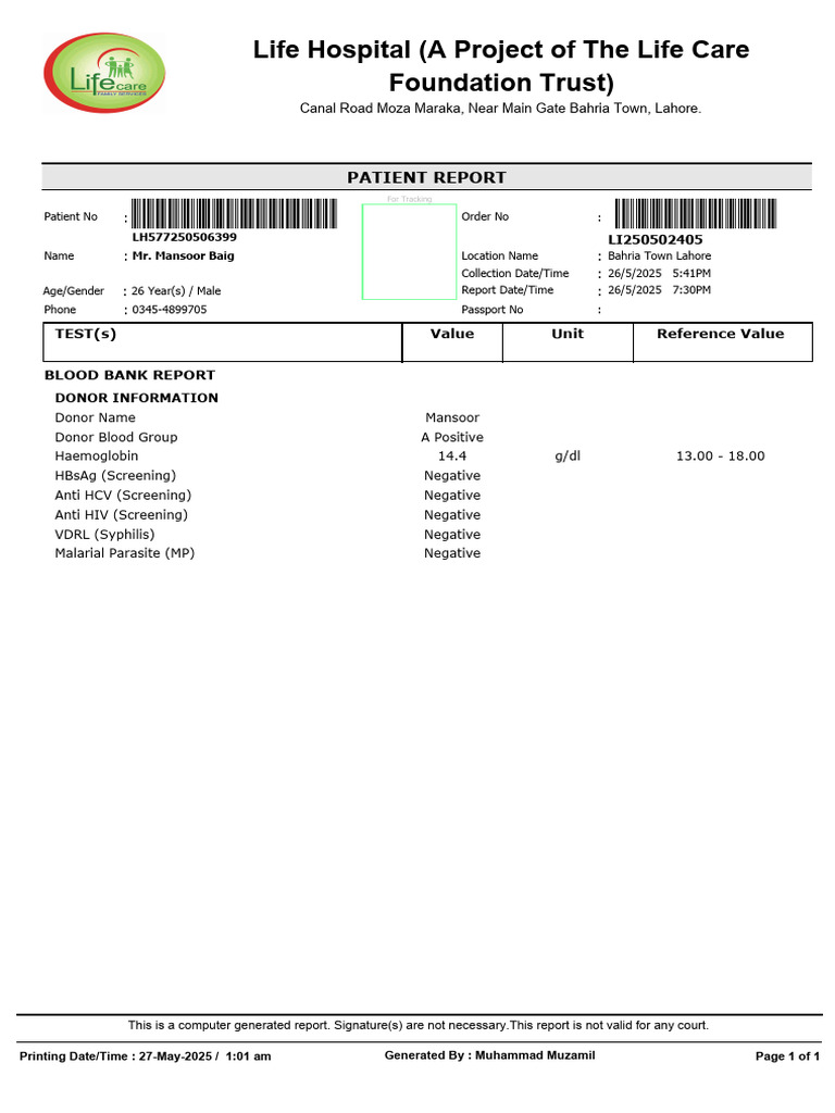 Viral Marker Test Report for Mr. Baig | PDF