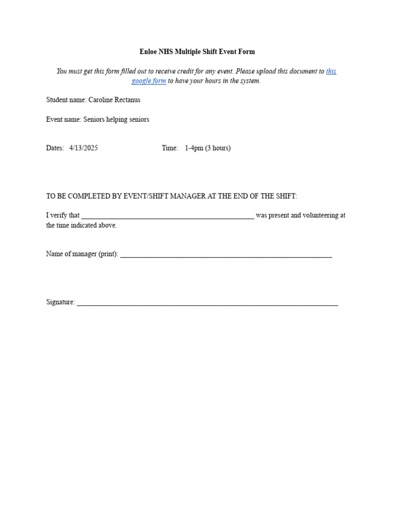 Enloe NHS Shift Event Submission Form | PDF