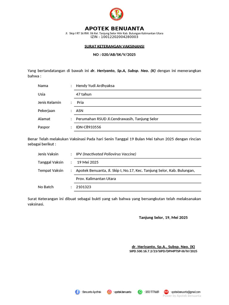 Surat Keterangan Vaksinasi Benuanta | PDF