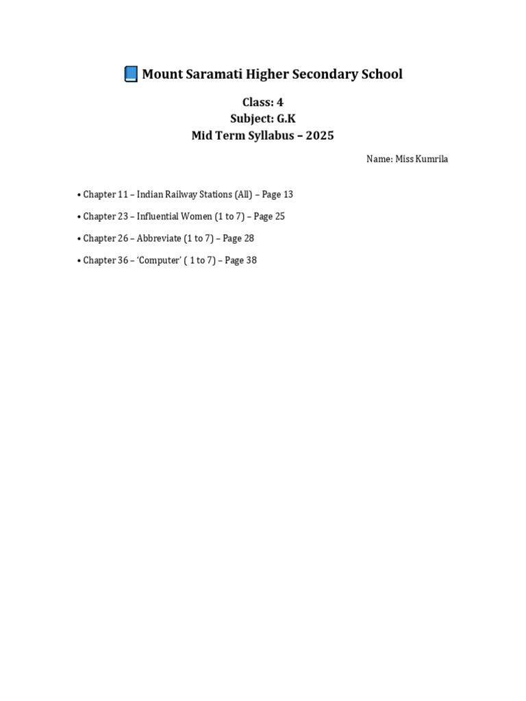 Class4 GK MidTerm Syllabus 2025 | PDF