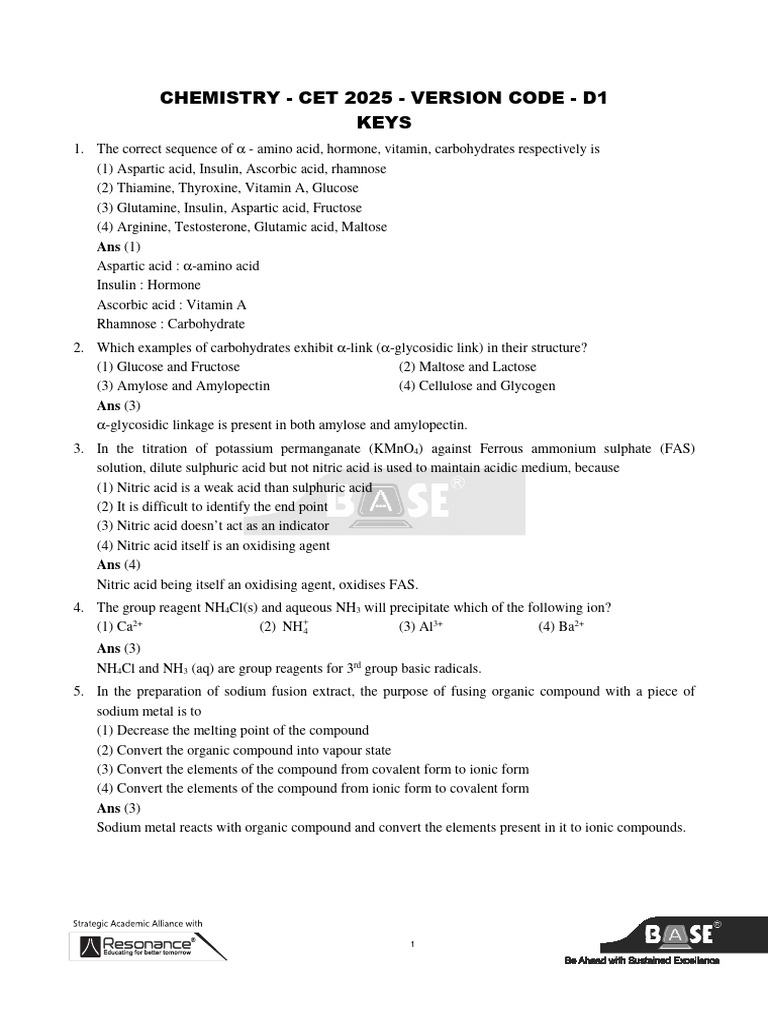 CET - Chemistry - 2025-Version D1 - Q + Soln | PDF | Acid | Chemical Compounds