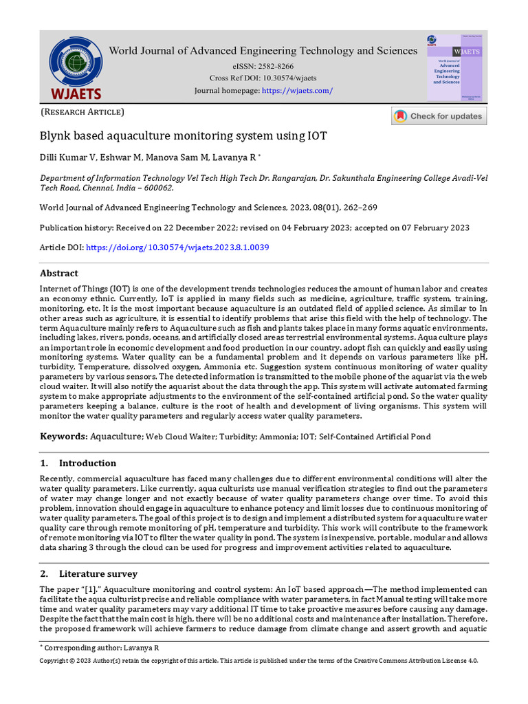 Blynk Based Aquaculture Monitoring System Using IOT | PDF | Arduino | Internet Of Things