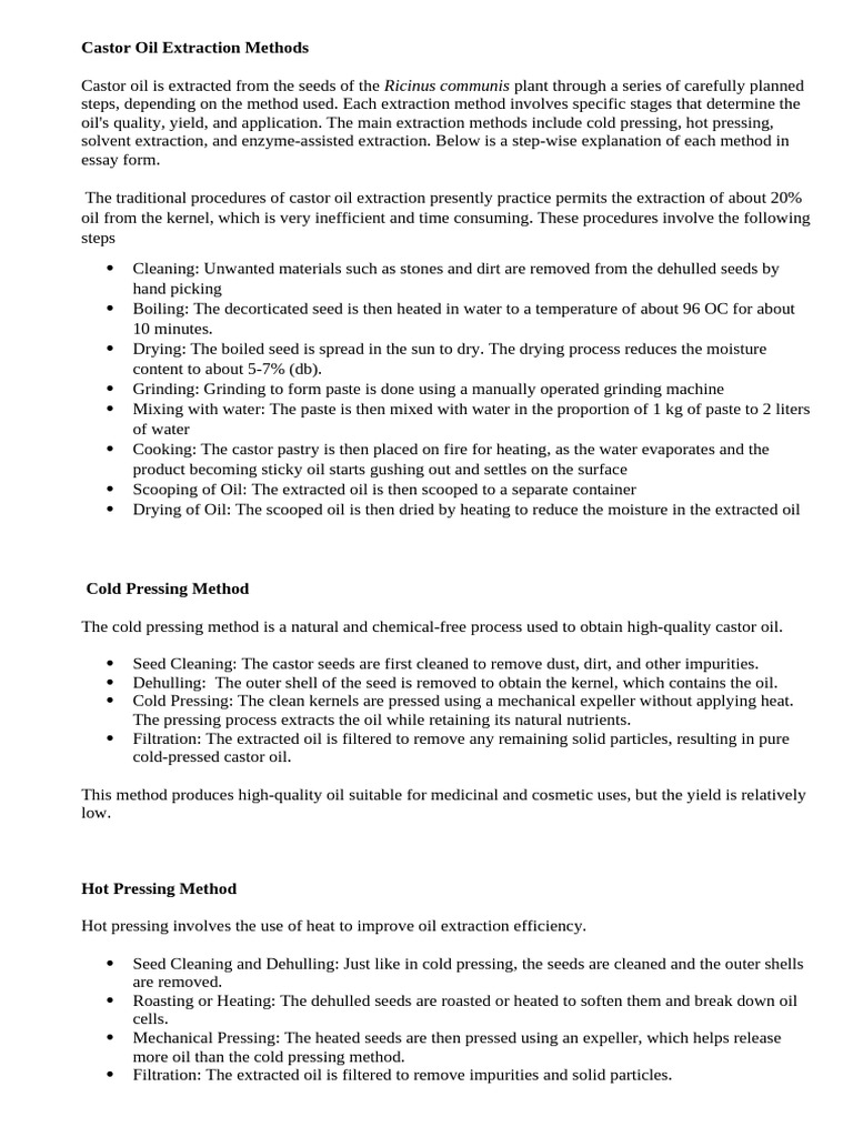 Castor Oil Extraction Methods Explained | PDF | Filtration | Oil