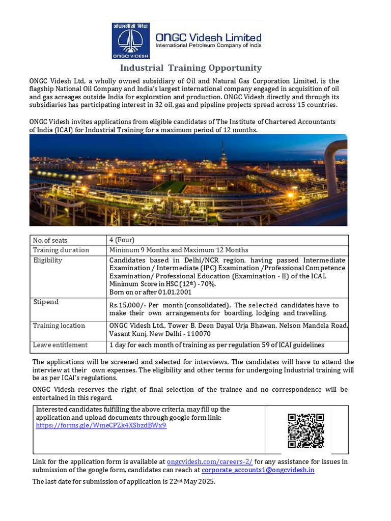 Advt - CA Industrial Trainees Hiring | PDF