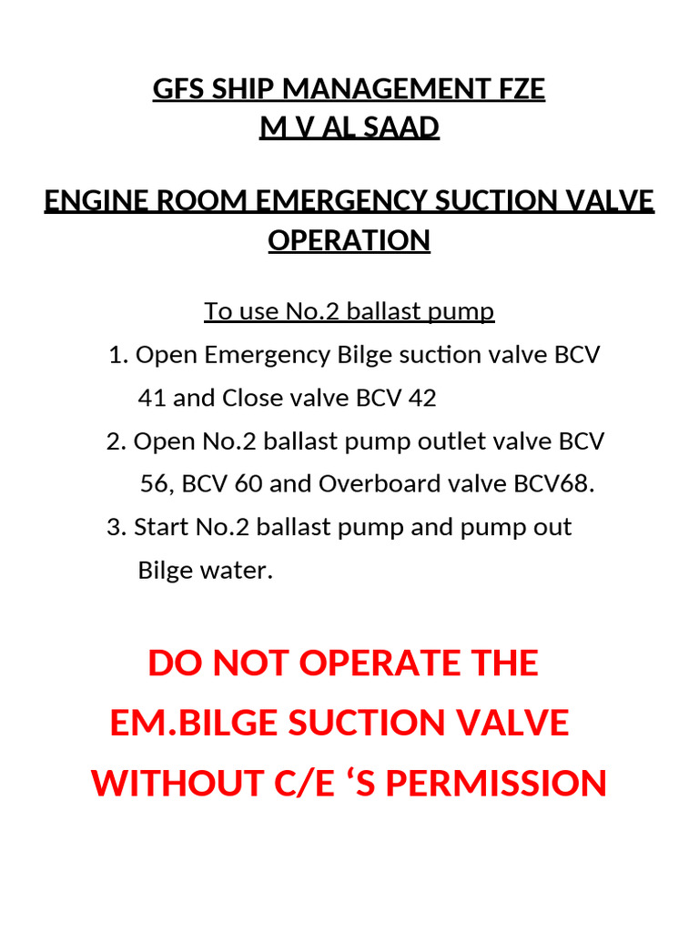 Emergency Bilge Suction Valve Operation | PDF