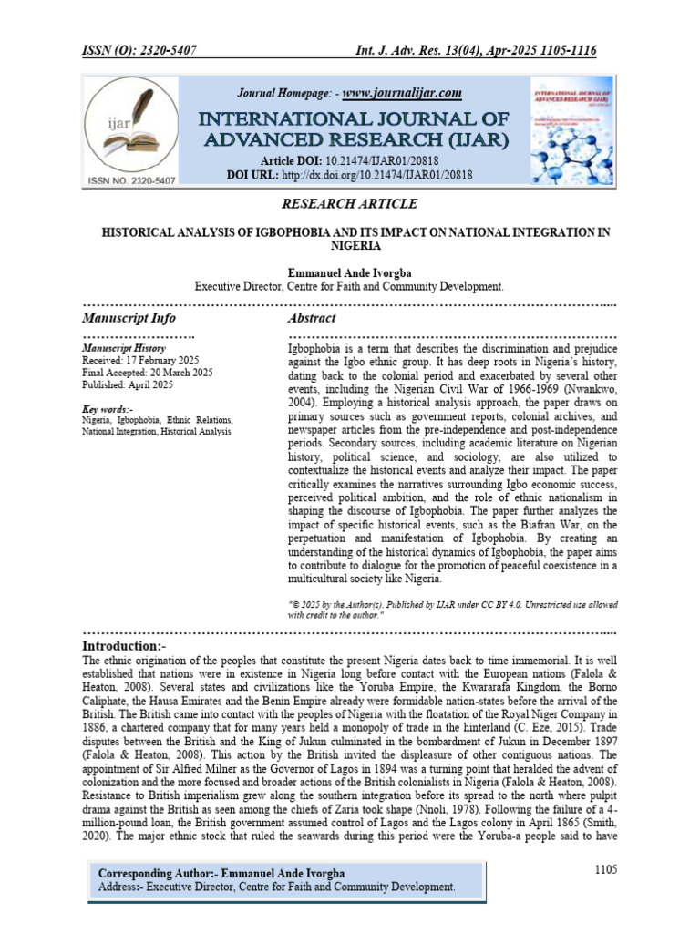 Historical Analysis of Igbophobia and Its Impact On National ...
