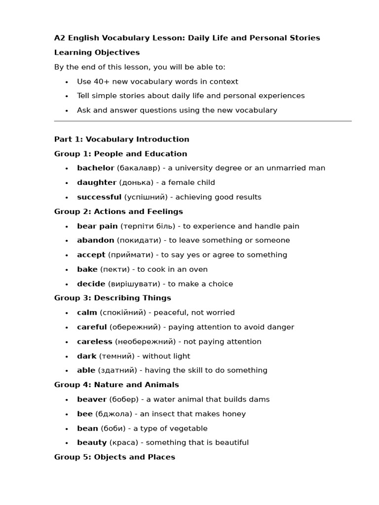 A2 English Vocabulary Lesson | PDF