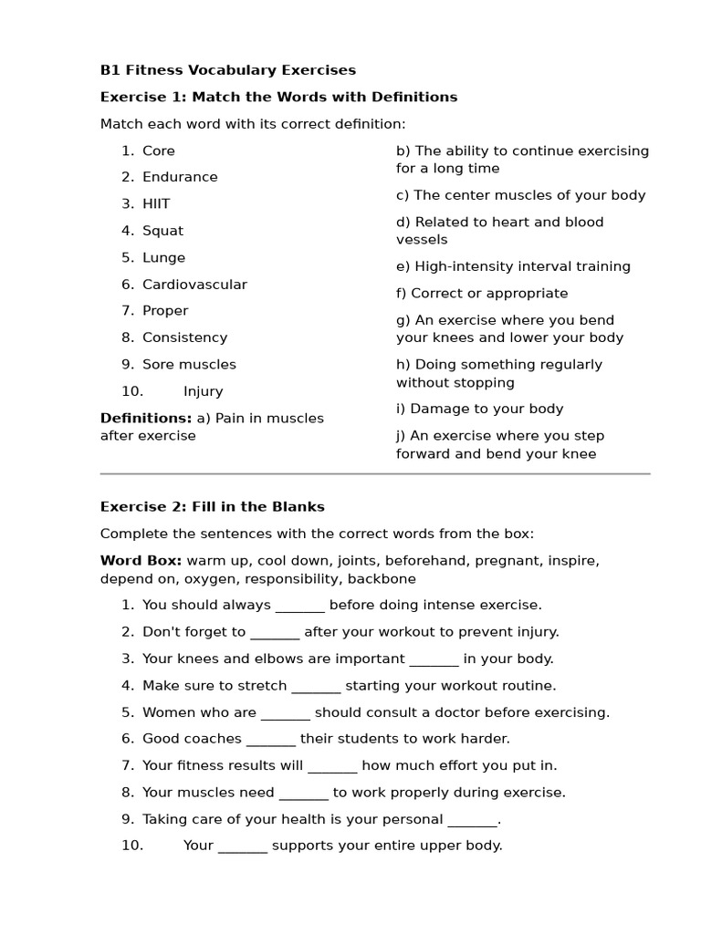 B1 Fitness Vocabulary Exercises | PDF | High Intensity Interval ...