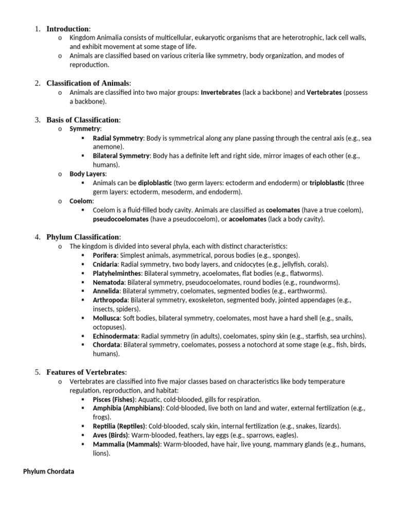 Kingdom Animalia Summary | PDF | Vertebrates | Zoology