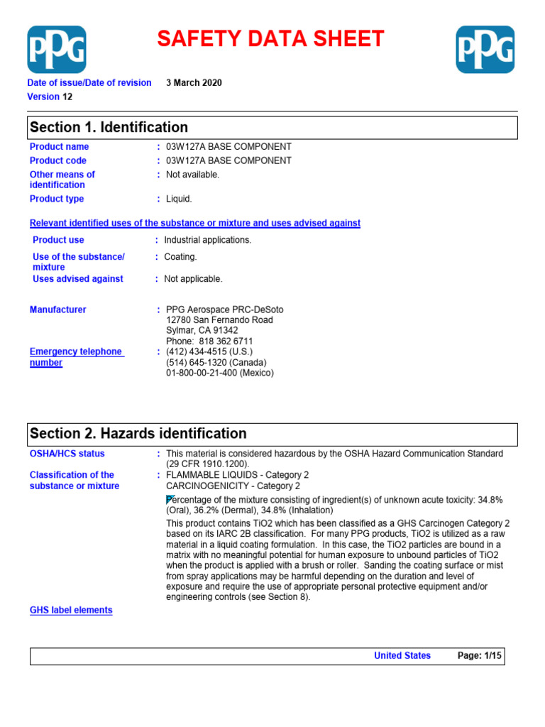 03W127A Base Component Safety Data | PDF | Toxicity | Waste Management