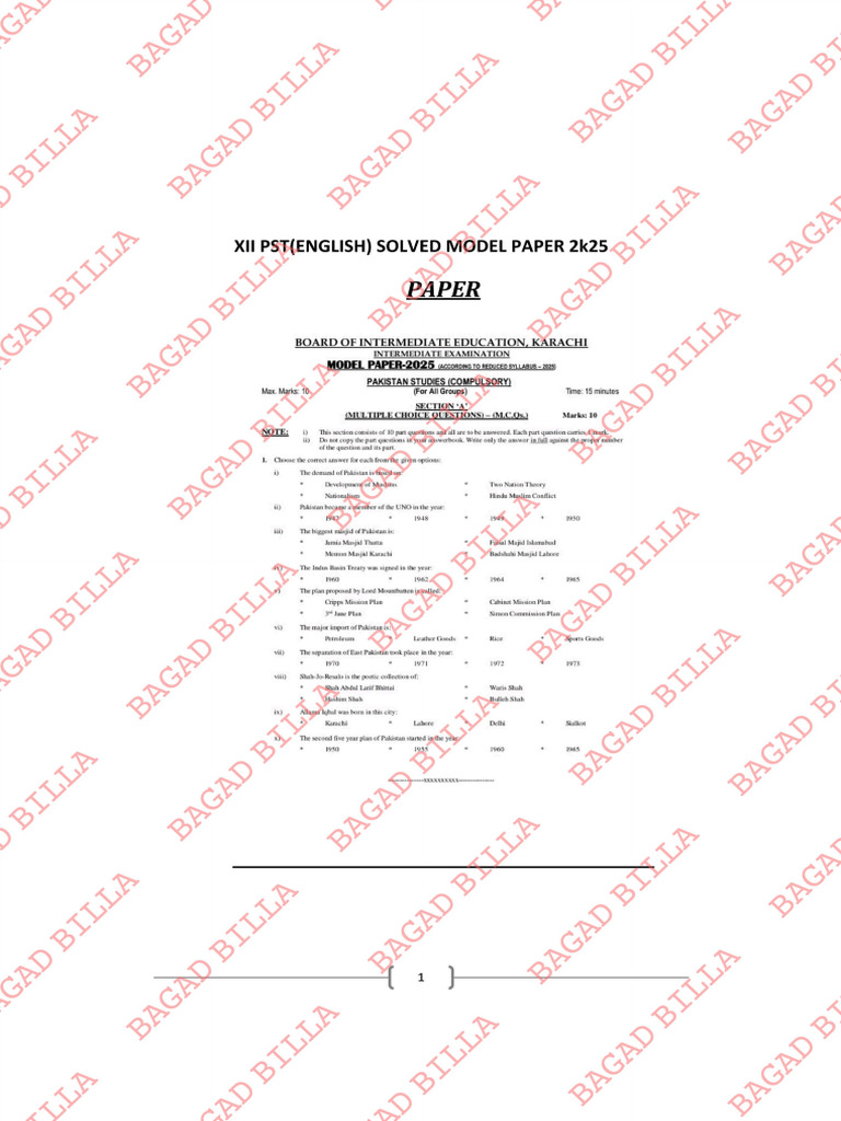 Xii PST English Solved Model Paper-2025 | PDF