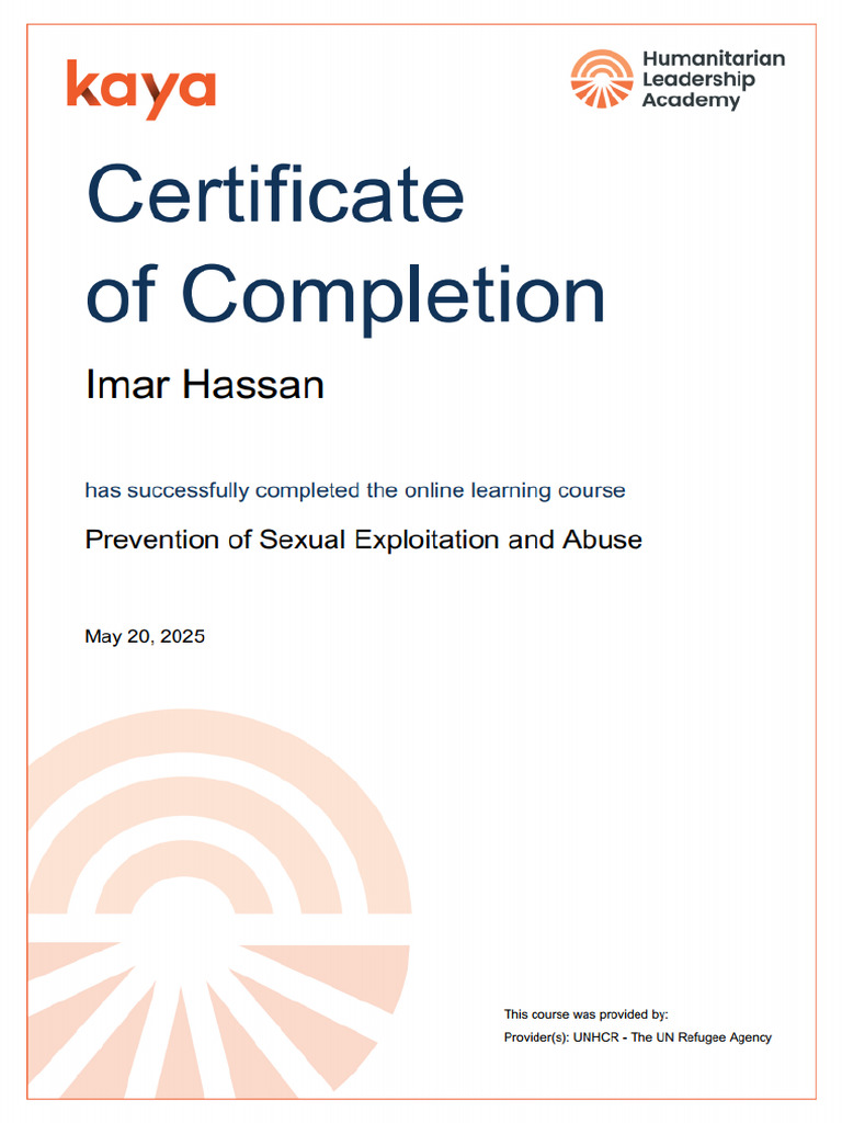 UNHCR PSEA - Certificate of Completion | PDF