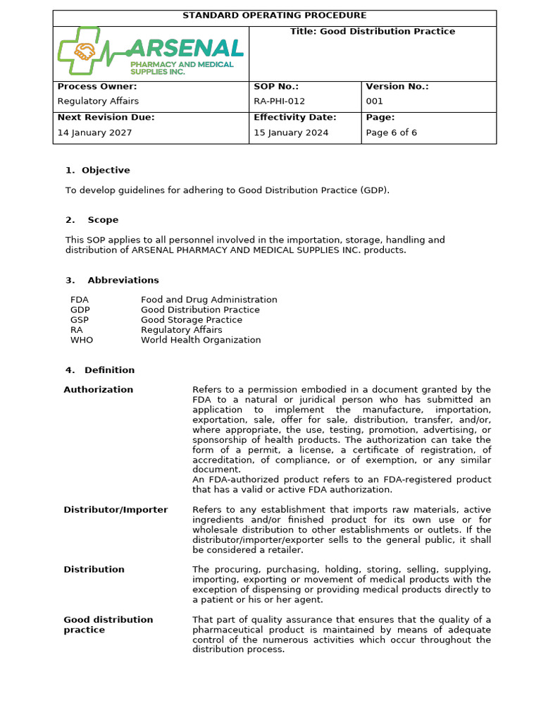 Good Distribution Practice SOP | PDF | Food And Drug Administration ...