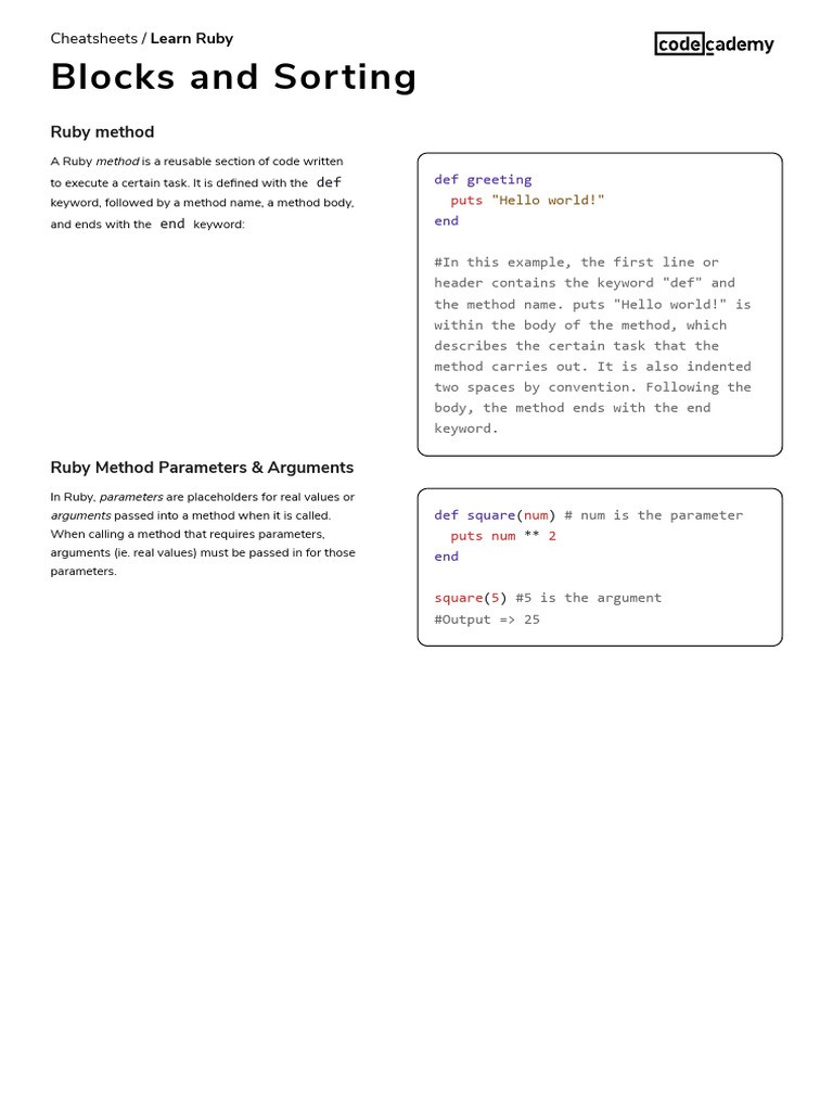 Learn Ruby - Blocks and Sorting Cheatsheet - Codecademy | PDF ...