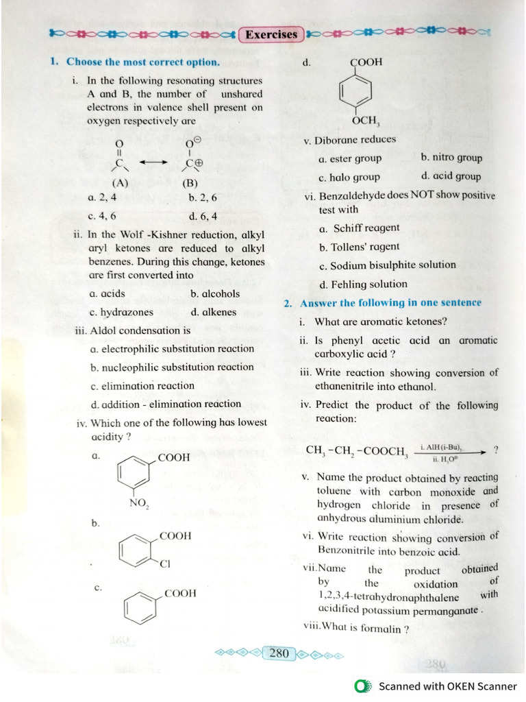 Aldehyde, Ketone and Carboxylic Acid --Text Book Exercise Questions | PDF