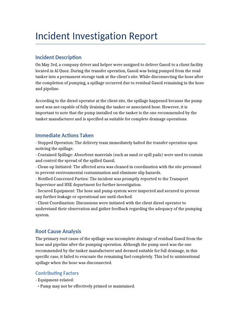 Gasoil Spillage Incident Report | PDF | Pump | Fuel Oil