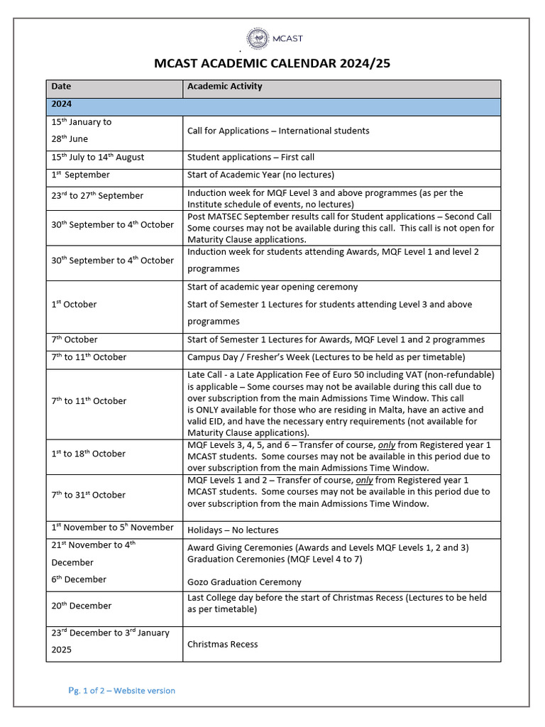 MCAST Academic Calendar 2024 2025 Final MP | PDF | Academic Term | Academia