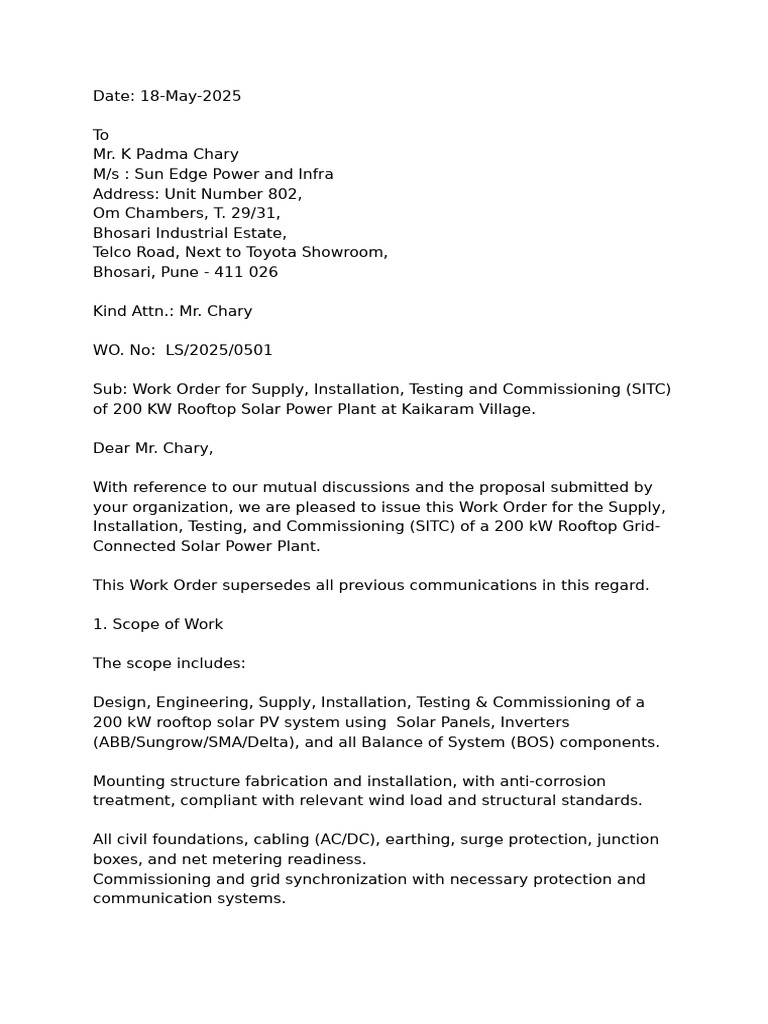 MR Solar Work Order Format | PDF | Photovoltaic System | Electric Power