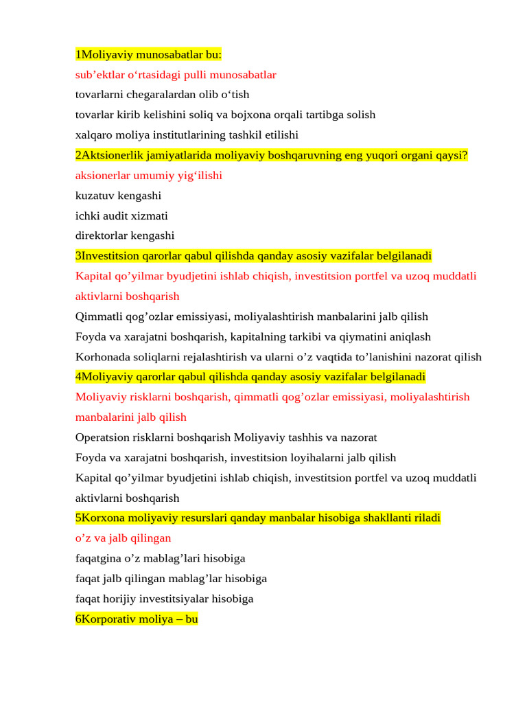 Korporativ Moliya Test | PDF