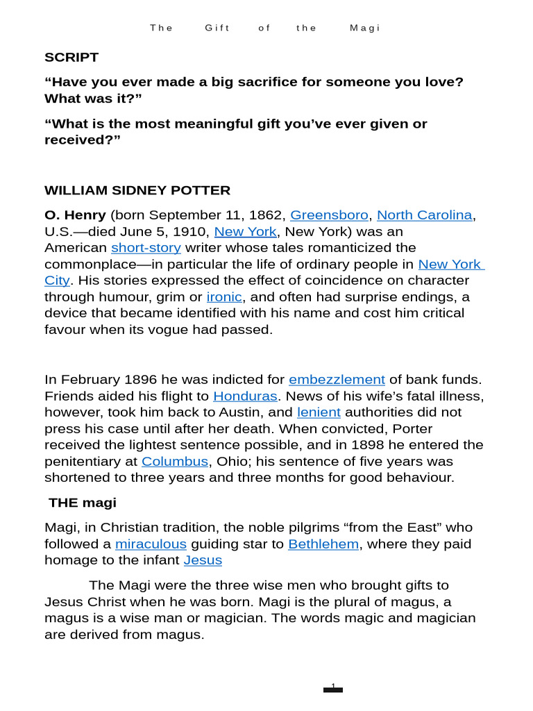 Script The Gift of The Magi | PDF | Magi | O. Henry