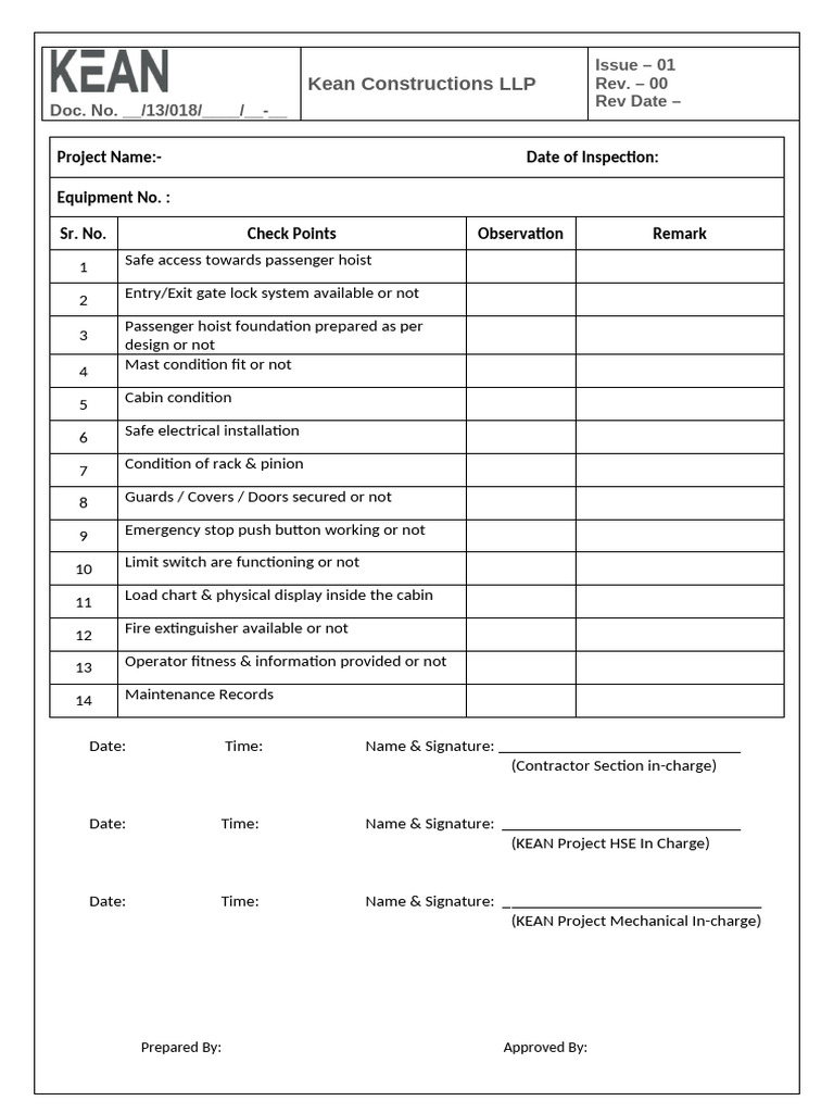 18 Passenger Hoist Inspection Checklist | PDF