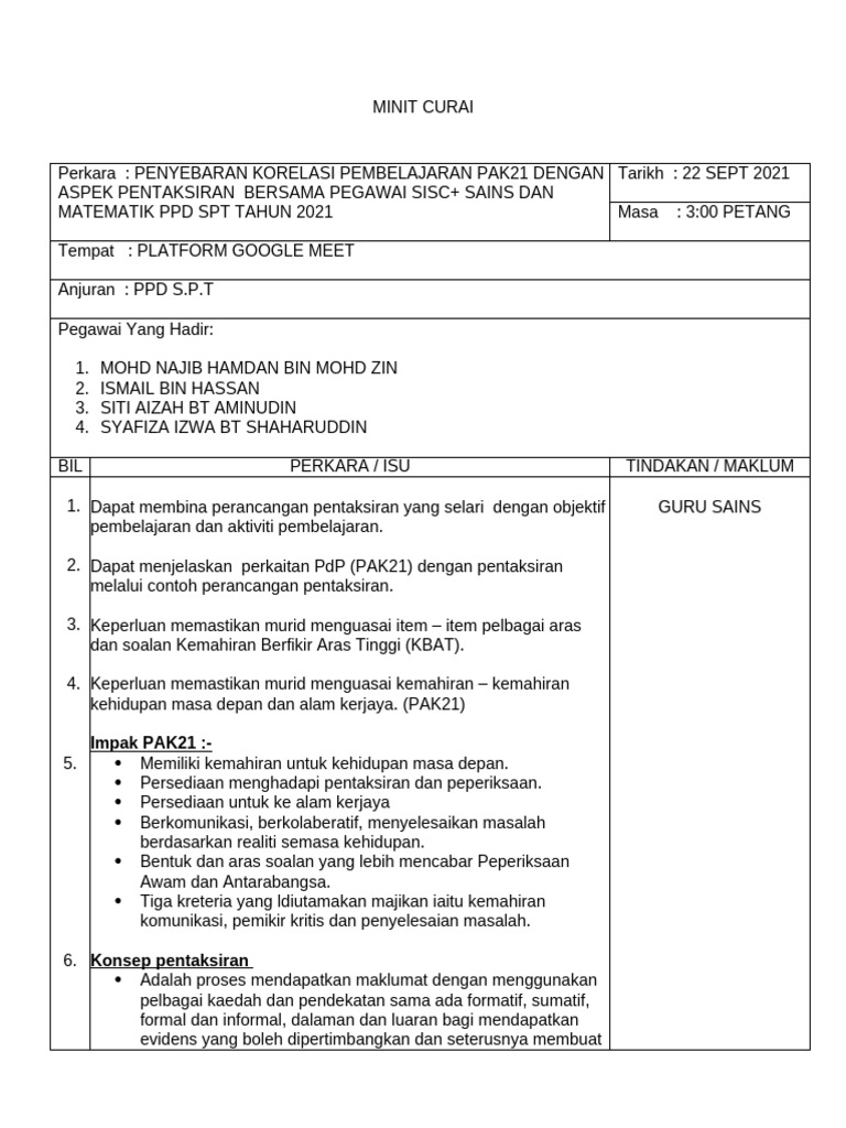 Borang-Minit-Curai - SKPPR 2021 | PDF