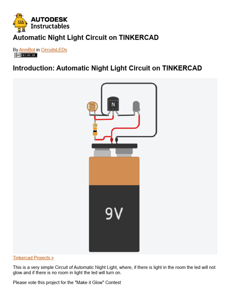 Automatic Night Light Circuit On TINKERCAD - 5 Steps - Instructables | PDF