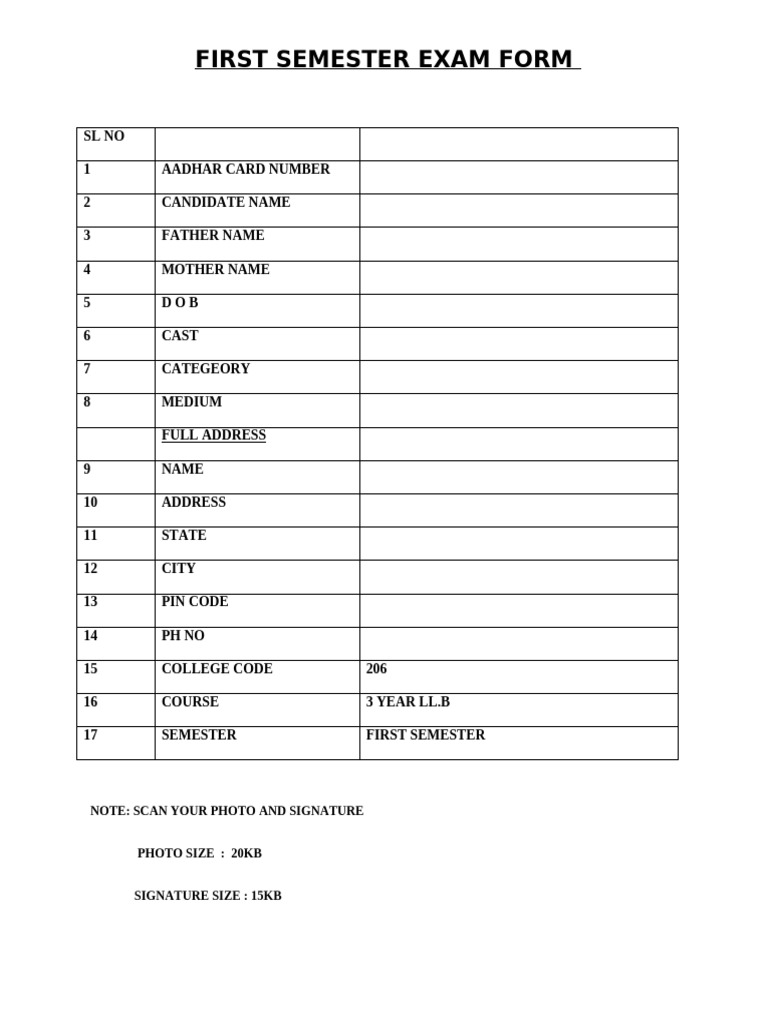 First Sem Exam Form | PDF