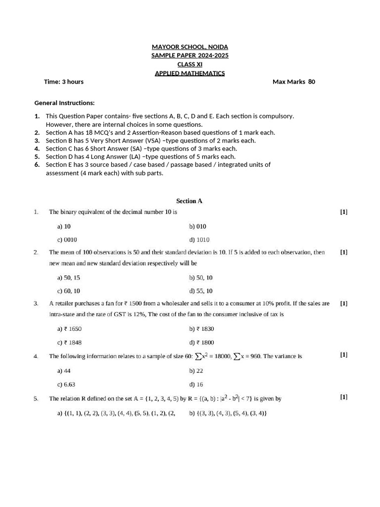 Class 11 Applied Maths Sample Paper 2024-25 | PDF