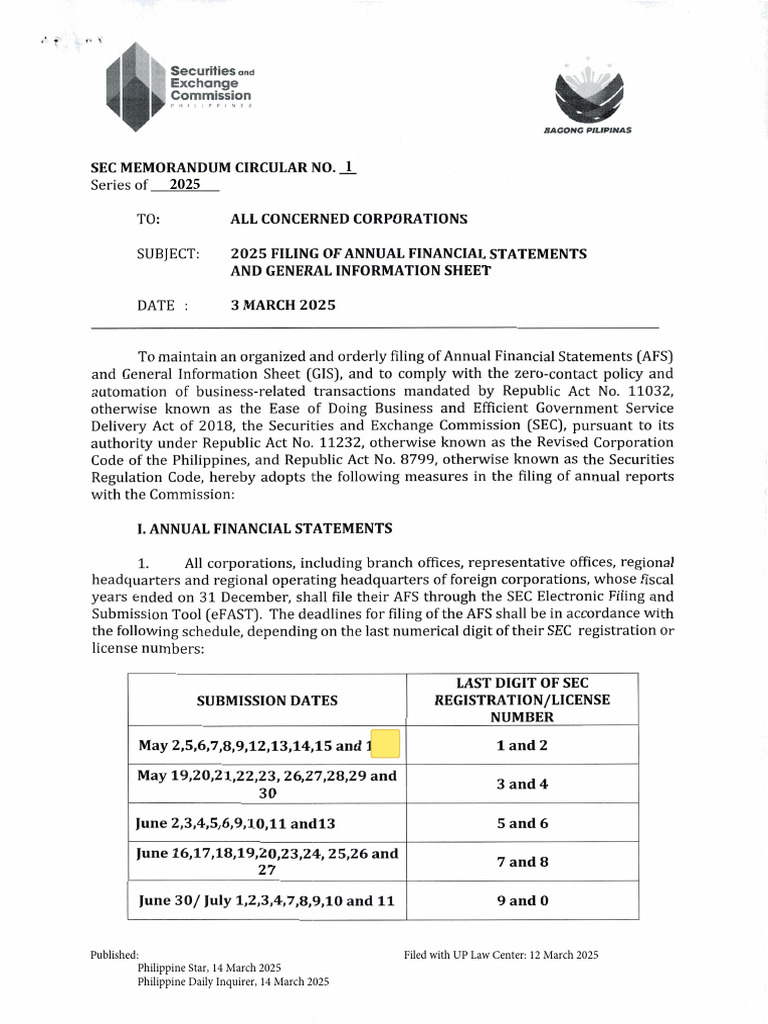 SEC Memo On Filing Reportorial Documents For 2025 | PDF